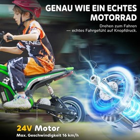 HOMCOM Dětská elektrická motorka 12V s klaksonem a světlem, 8-16 km/h, otočný plyn, pro děti 8-12 let, zelená