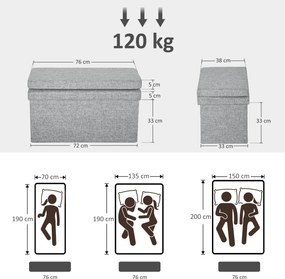HOMCOM skládací lavice s opěradlem a prostor pro uložení 77 l, potah z látky, 76x50x73 cm, šedá