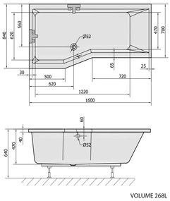 Polysan, VERSYS L asymetrická vana 160x84x70x47cm, bílá, 14611
