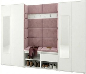 Předsíňová stěna Trinity 10 s čalouněnými panely, 280 cm, bílá / pastelově růžová