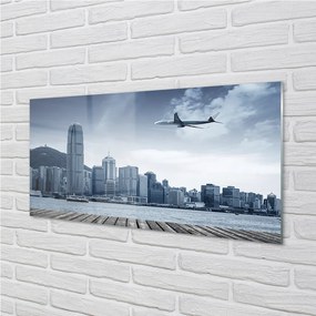 akrylový obraz Letadel mraky město 125x50 cm
