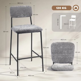 HOMCOM Sada 2 barových židlí, polstrované vysoké židle pro kuchyňský pult, domácí bar, opěradlo, opěrka nohou, látkový potah, ocel, šedá