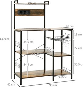 HOMCOM kuchyňský nábytek se zabudovanými zásuvkami pro mikrovlnnou troubu s policemi, industriální styl, 90 x 42 x 130 cm, hnědá
