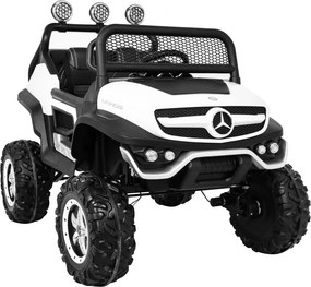 Ramiz Mercedes Benz Unimog elektrické autíčko pro děti bílé + pohon 4x4 + dálkové ovládání + nosič zavazadel + pomalý start + MP3 + LED