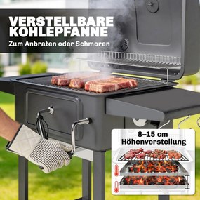 Gril na dřevěné uhlí BBQ udírna s víkem Teploměr výškově nastavitelná pánev na dřevěné uhlí Komín Grilovací rošt Boční stolek Popelník