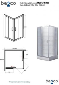 BESCO Čtvercový sprchový kout MODERN 165 BARVA rámu - Chrom/Leštěný hliník (ALU), Rozměr A - 90 cm, Rozměr B - 90 cm, Rozměr C - 165 cm, Směr zavírání - Univerzální Levé / Pravé, Výplň - Fume bezpečnostní sklo - 6 mm BCMD90CTVER65CG