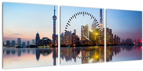 Obraz ranního nebe nad Šanghají (s hodinami) (90x30 cm)