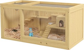 PawHut klec pro křečky dřevěná bouda pro malá zvířata, domeček pro pískomily, s houpačkami, žebříky, otevírací střechou, bouda, 100cm, přírodní