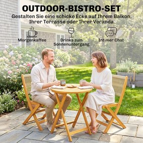 Outsunny 3dílný bistro set z akáciového dřeva – kulatý stůl + 2 skládací židle s PP provazem, přírodní