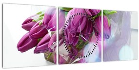 Obraz - kytice tulipánů (s hodinami) (90x30 cm)