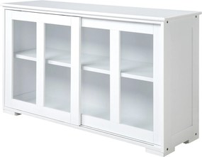 HOMCOM Moderní Kuchyňský Vysoký Stolek - Skládací Skříňka s 2 Posuvnými Skleněnými Dveřmi a Nastavitelnou Policí pro Jídelnu 107x33x62,5 cm Bílá | Aos