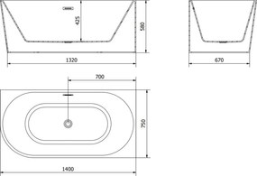 Mexen Mia, volně stojící rohová vana pravá 140 x 75 cm, bílá, bílý přepad, 52691407500P-20