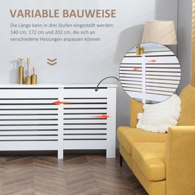 HOMCOM Nastavitelný kryt radiátoru s horní policí z MDF a dřeva, 140-202x19x82,5 cm, bílý