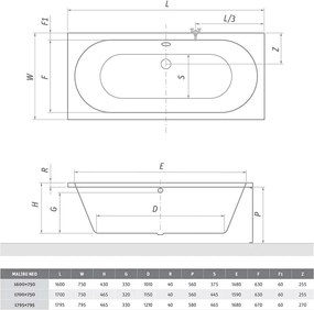 Obdélníková akrylátová vana MALIBU NEO S 1600 × 750 MALIBU NEO /160 200 l 9200000