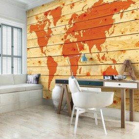 Fototapeta - Mapa světa na borovicových deskách (254x184 cm)