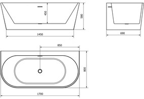 Mexen Oval+, volně stojící vana ke stěně 170 x 80 cm, bílá lesklá, broušený grafit přepad, 52681708000-66