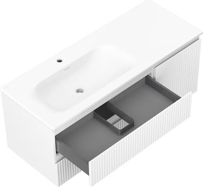 Mexen Rivel, koupelnová skříňka 120 cm s levým umyvadlem Vela, 2S, 1D, drážkovaná, bílá matná, 91A23-12047-3-BBFFF01-W23L01