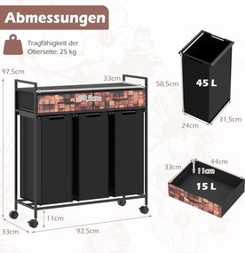 Costway 3 Přihrádky Koš na prádlo 135 L rolovací se zásuvkami Tašky na prádlo