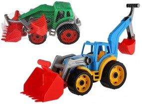 Traktor/nakladač/bagr se 2 lžícemi plast na volný chod v síťce 16x35x16cm