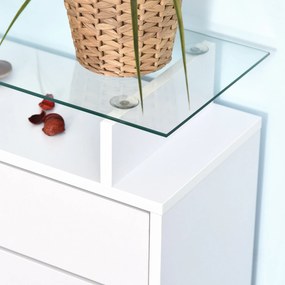 HOMCOM Botník s 3 šuplíky, skleněnou policí a hliníkovými úchyty pro předsíň, nosnost 50 kg, 60x24x105,5 cm, bílý