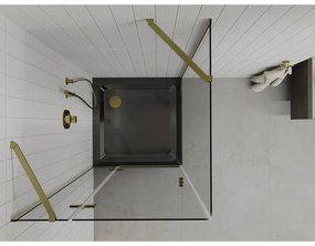 Mexen Roma, sprchový kout s křídlovými dveřmi 80 (dveře) x 80 (stěna) cm, 6mm čiré sklo, zlatý profil + slim sprchová vanička černá + zlatý sifon, 854-080-080-50-00-4070G