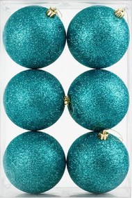 Sada vánočních ozdob paví zelená 10 cm plastová koule glitter, balení 6 ks