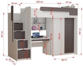 Dětská vyvýšená postel s psacím stolem a skříní DORIAN - 200x90 cm - grafitová