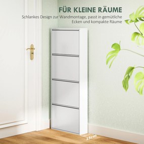 HOMCOM Kovový botník se 4 sklápěcími dvířky, úzký botník pro 8 párů bot 55 x 15 x 139,5 cm Bílý