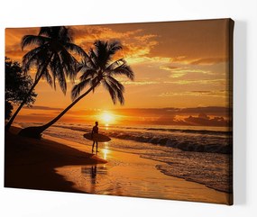 Obraz na plátně - Surfař pod palmami při západu slunce FeelHappy.cz Velikost obrazu: 120 x 80 cm