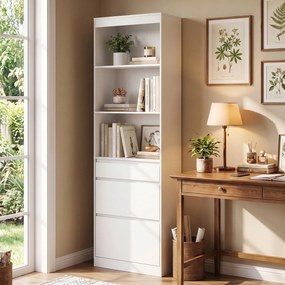 HOMCOM úzká knihovna se 3 zásuvkami, 57 × 30 × 180 cm, bílá