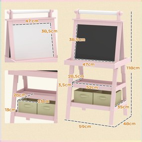 AIYAPLAY Dětský Easel 3 v 1 Dvousečný Magnetický Dětský Malířský Easel s Papírovým Rolem a Úložnými Košíky 59x48x118 cm Růžový