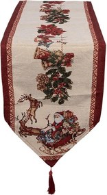 Béžovo-červený látkový běhoun se Santou a střapci - 33*180 cm