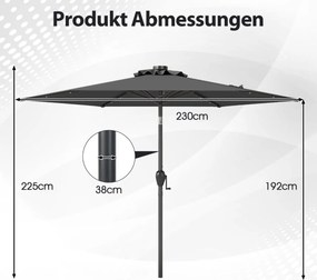 Costway Slunečník 230 cm s LED solárním osvětlením a klikou market, šedá