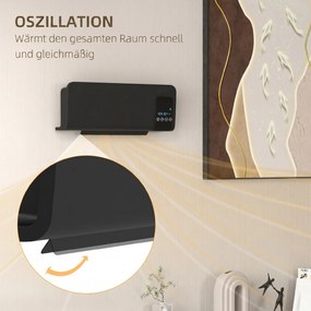 HOMCOM Elektrické topení, nástěnná montáž, oscilační funkce, 2 režimy, časovač, LED displej, černá