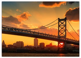 Skleněný obraz - Západ slunce nad mostem Bena Franklina, Filadelfie (70x50 cm)
