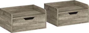 HOMCOM 2dílný set nástěnných nočních stolků, noční stolky se zásuvkou a poličkou s vyšším okrajem, 40x30x19,5 cm, šedá