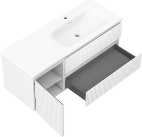 Mexen Rivel, koupelnová skříňka 120 cm s pravým umyvadlem Vela, 2S, 1D, drážkovaná, bílá matná, 91A23-12047-3-BBFFF01-W23P01