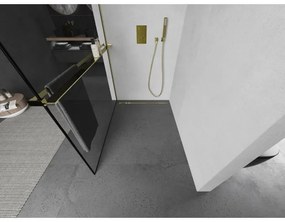 Mexen Kioto+ L, sprchová zástěna Walk-In s poličkou a věšákem 50 x 200 cm, 8mm čiré sklo černý vzor, ​​zlatý lesklý profil, 800-050-123-50-70