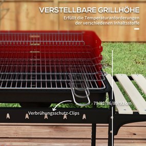 Outsunny Záhradní Kovový Uhlík Gril BBQ Smokery s Kolíky, Nastavitelný Grilovat Výšku, Dřevěná Police, Přenosný Grilový Vozík, BBQ pro Grilování a Ke…