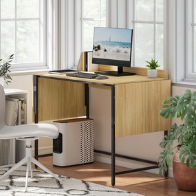 HOMCOM Sklápěcí počítačový stůl se 2 vysouvacími deskami, hodně místa pro monitory, kovové nohy, robustní konstrukce, dub+černá