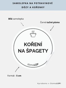 Samolepka na kořenky KOŘENÍ NA ŠPAGETY bílá 5 cm tučné písmo