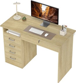 HOMCOM Moderní psací stůl s 5 zásuvkami, velkou deskou, 1 otevřenou přihrádkou, zamykatelnou zásuvkou, 110 x 50 x 76 cm, dub