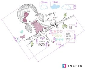 Samolepky do dětského pokoje - INSPIO víla na větvi s kočičkou ve fialovém provedení