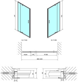 Polysan Polysan, EASY BLACK otočné sprchové dveře 880-1020mm, čiré sklo, EL1715B