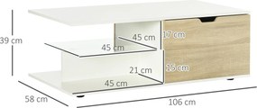 HOMCOM Moderní Design Obdélníkový Konferenční Stolek se 2 Zásuvkami, 2 Policemi a Skleněnou Policí, Bílý Dubový Vzhled 106 x 58 x 39 cm