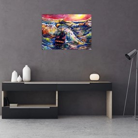 Skleněný obraz - Loď na oceánských vlnách, aquarel (70x50 cm)