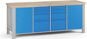 Dílenský pracovní stůl G7, buková spárovka, 2100 x 685 x 840 mm, 2x skříňka, 8 zásuvek, modrá