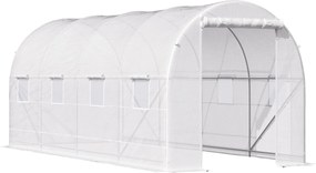 Zahradní tunelová skleník Outsunny s 8 okny a rolovacími dveřmi, kovový rám a polyethylenový kryt, 5x2x2m, bílý