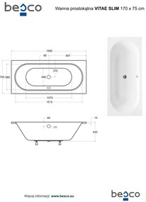 BESCO Obdélníková vana VITAE SLIM Nožičky k vaně - Bez nožiček, Rozměr vany - 170 × 75 cm - VANVITAE170SLIM