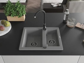 Mexen Carlos, granitový dřez 582x475x177 mm, 1,5-komorový, šedá s černým sifonem, 6518581500-71-B